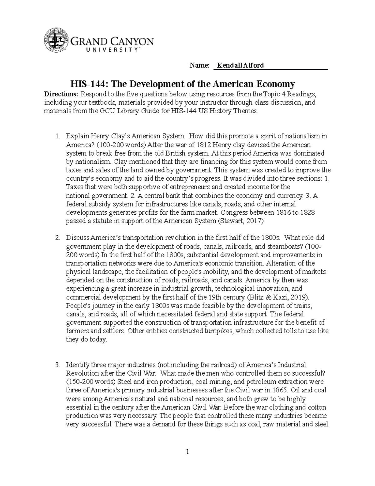 HIS-144Developmentofthe American Economy Worksheet Online - Name ...