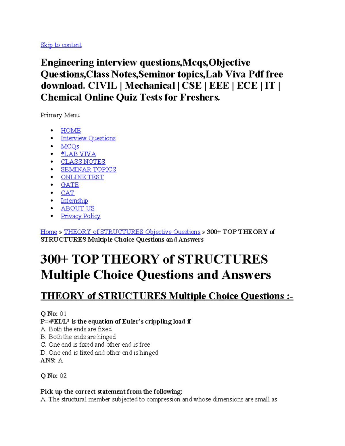 Theory of Structures Multiple Choice Questions - Skip to content Engineering interview - Studocu