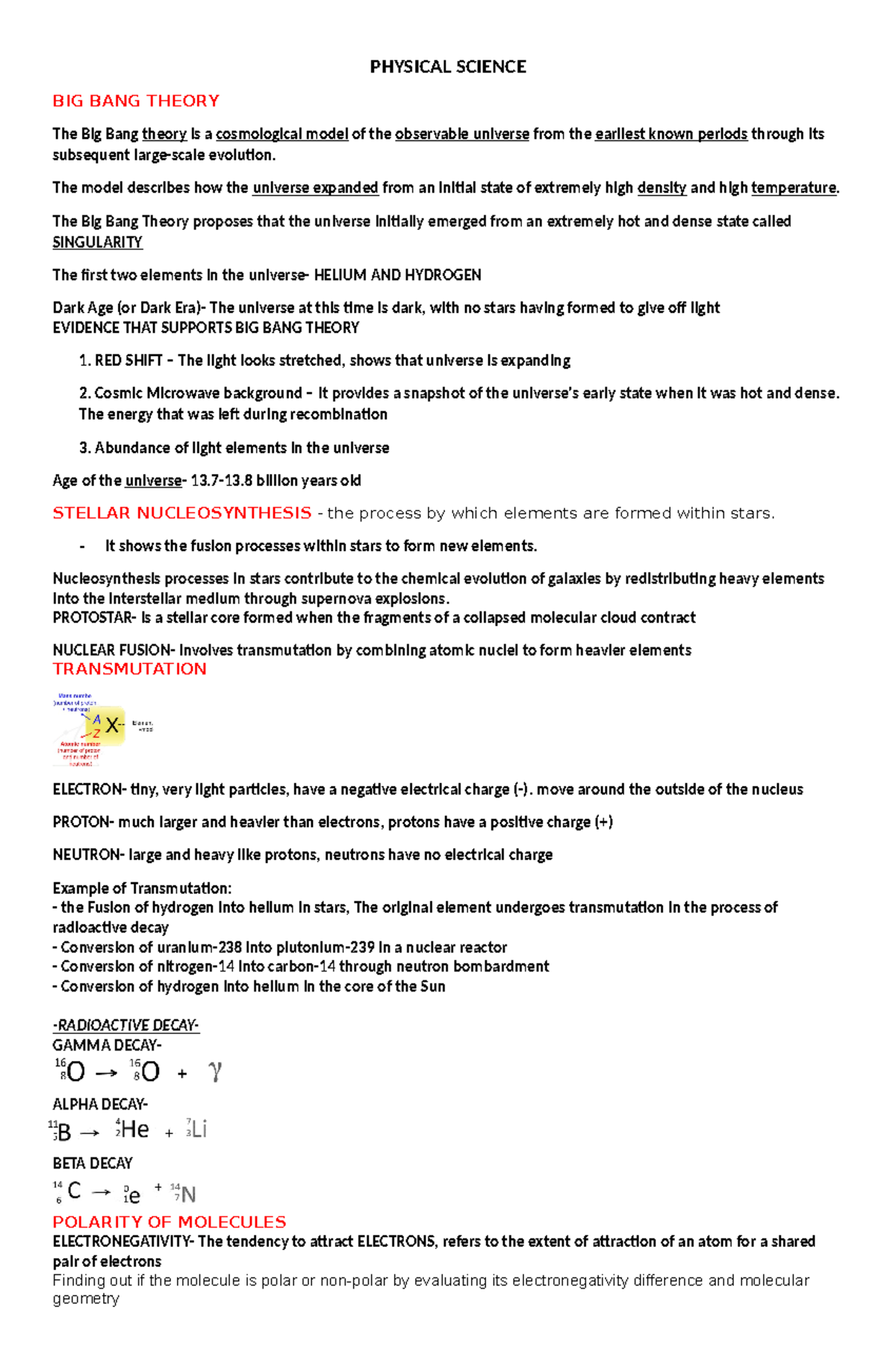 Physical Science Handout - PHYSICAL SCIENCE BIG BANG THEORY The Big ...