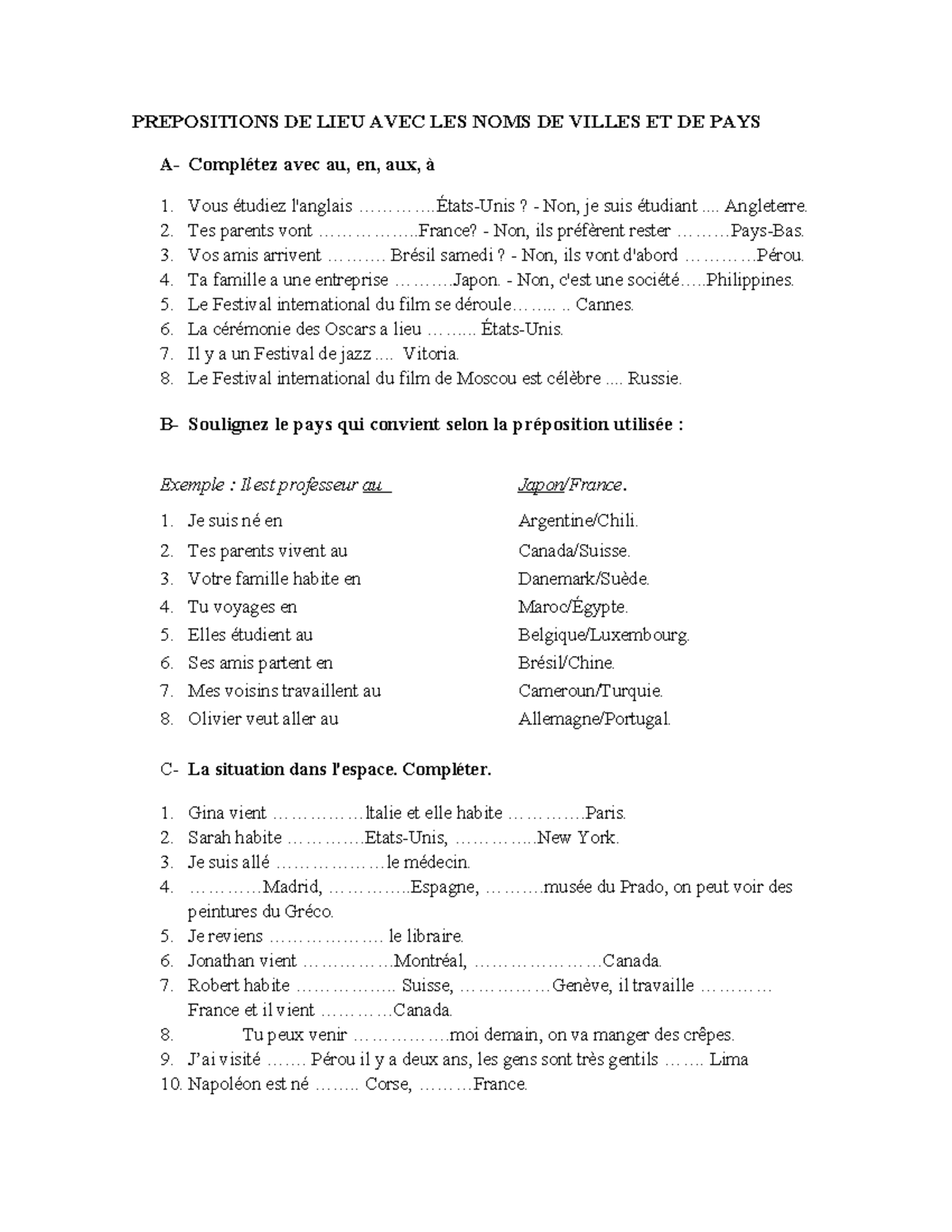 Exerc Prepositions - ... - PREPOSITIONS DE LIEU AVEC LES NOMS DE VILLES ...