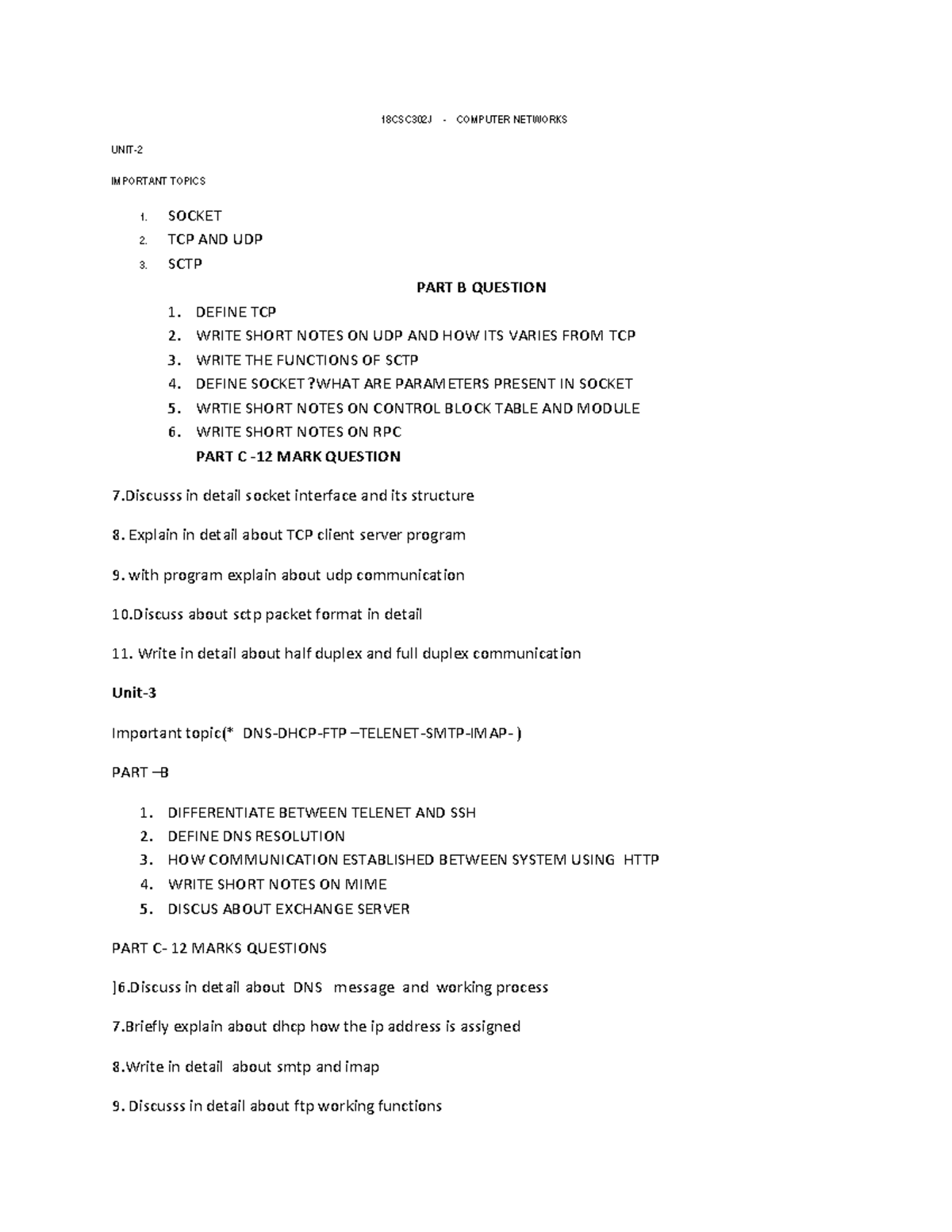 CN question bank - 18CSC302J - COMPUTER NETWORKS UNIT- 2 IMPORTANT TOPICS SOCKET TCP AND UDP ...