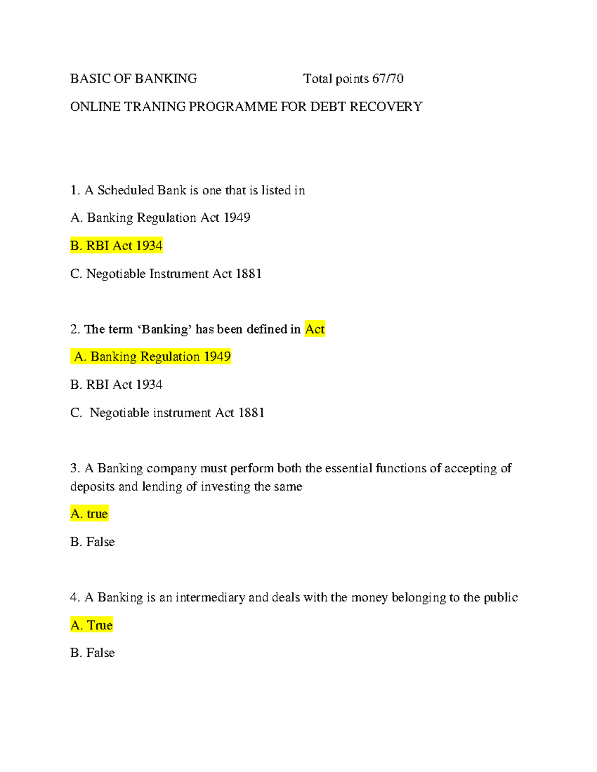 Basic OF Banking Total points 67 - BASIC OF BANKING Total points 67 ...