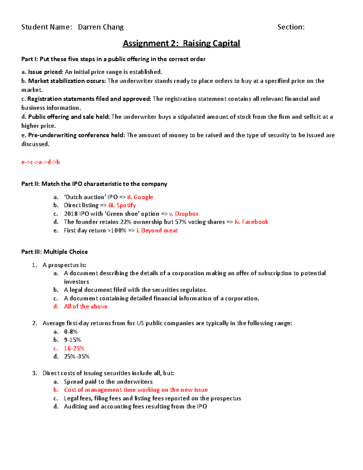 Worksheet for Assignment 2 Raising Capital - Student Name: Darren Chang ...