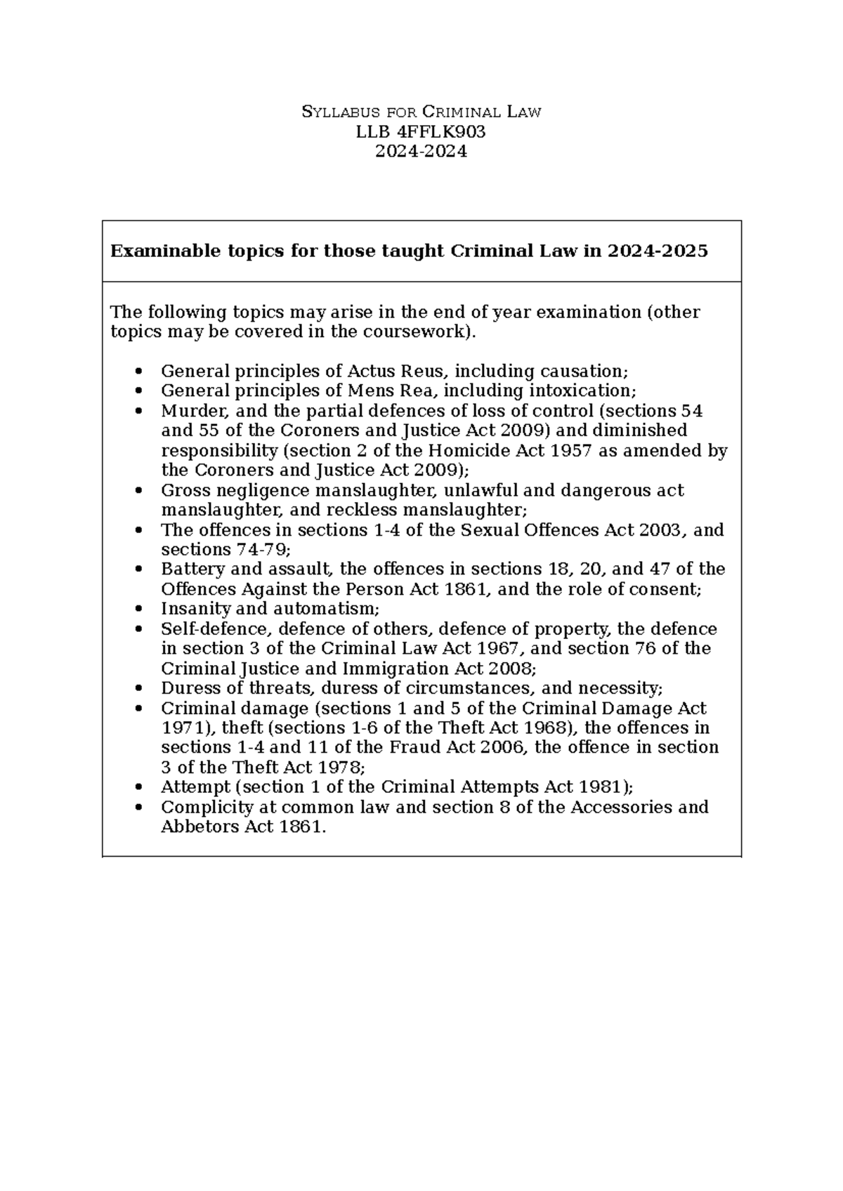 Criminal Law Syllabus 2024-2025 - SYLLABUS FOR CRIMINAL LAW LLB 4FFLK ...