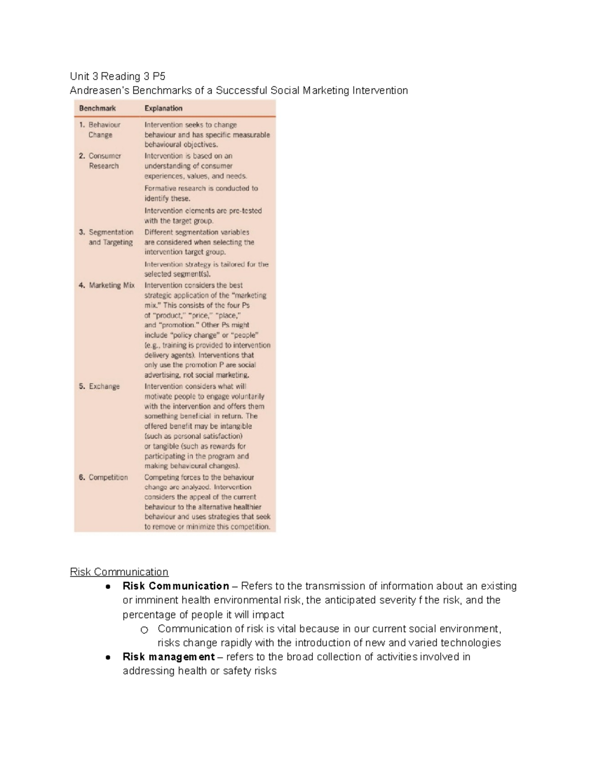 Unit 3 Reading 3 P5 - Unit 3 Reading 3 P Andreasen’s Benchmarks of a ...