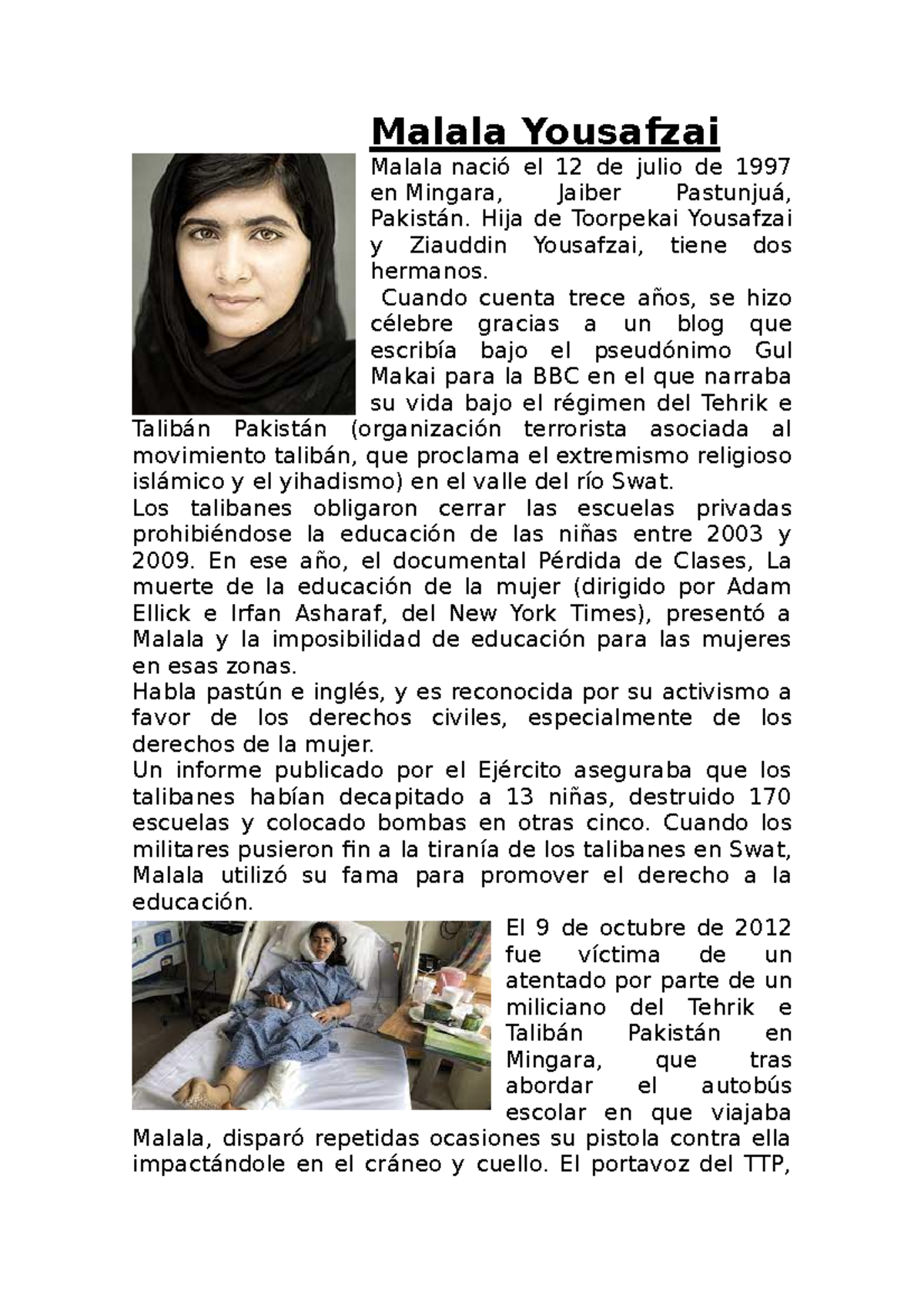 Malala Yousafzai - espero que sirva - Pensamiento Y Lenguaje - UG - Studocu