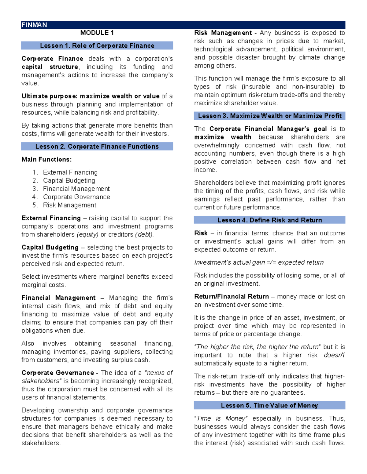 Finman - upload - FINMAN MODULE 1 Lesson 1. Role of Corporate Finance ...