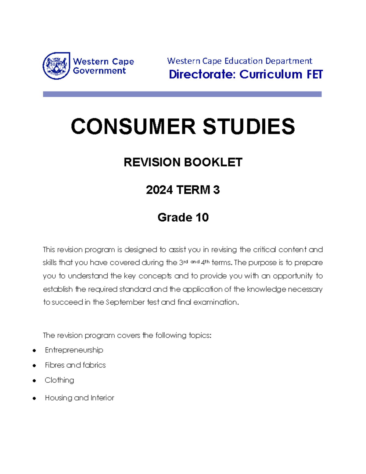 2024 Consumer Studies Grade 10 TERM 3 4 Revision Material - Western ...