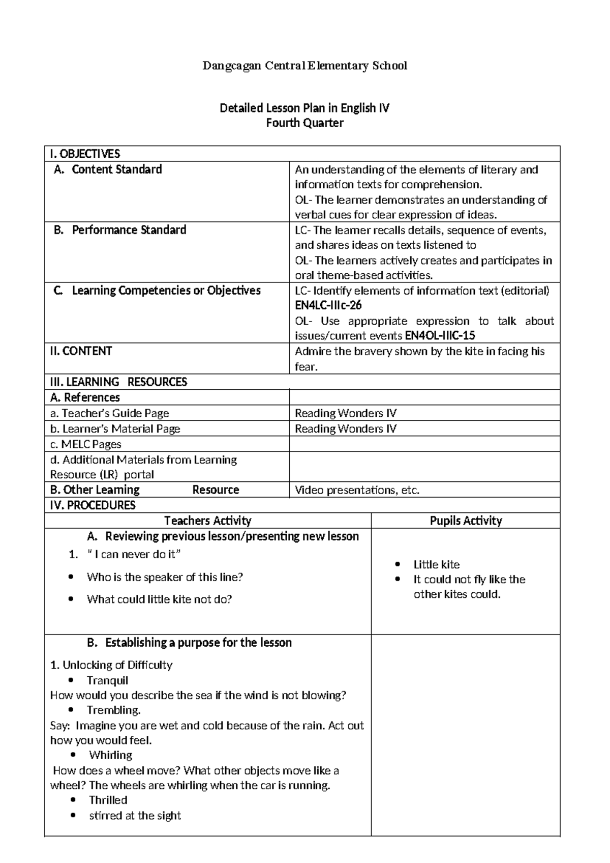 English 4 lesson 2 - Dangcagan Central Elementary School Detailed ...