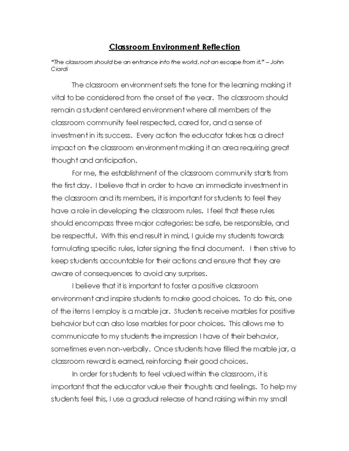 Classroom environment reflection - Classroom Environment Reflection ...