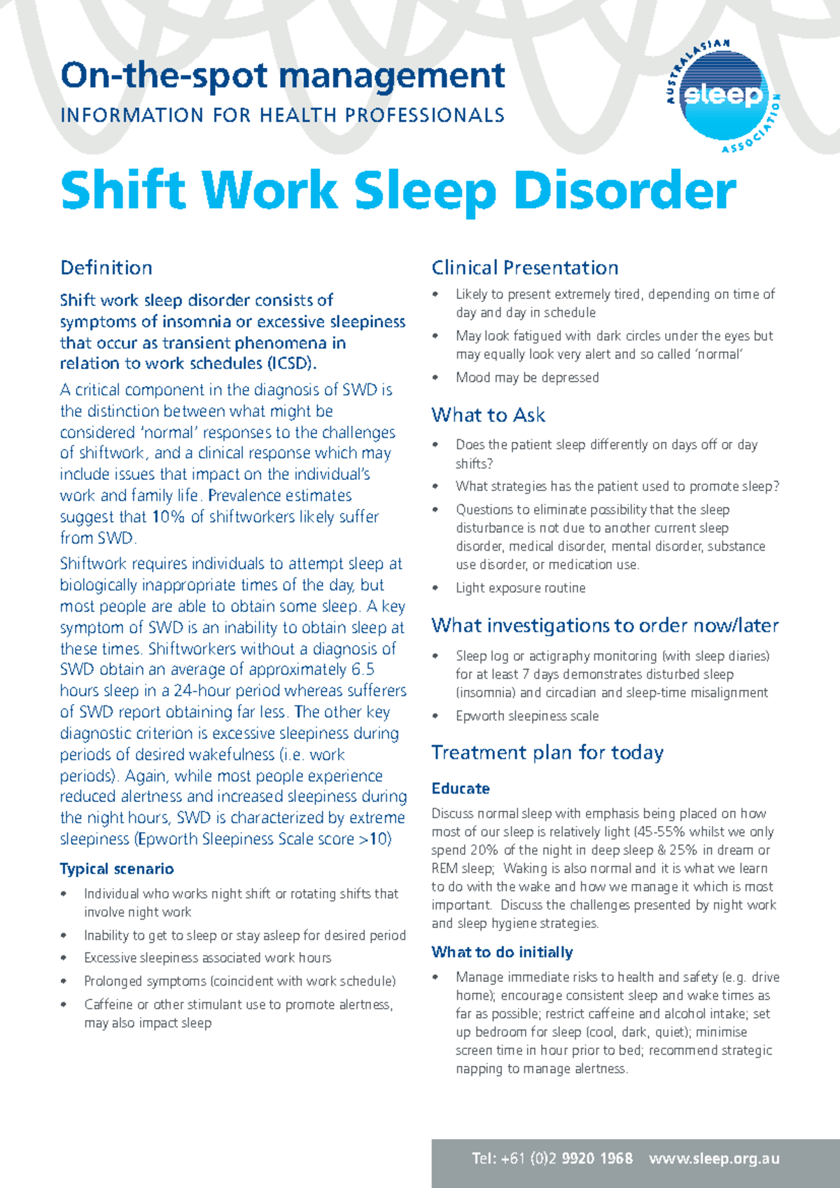 Shiftwork Disorder 0617 - On-the-spot management INFORMATION FOR HEALTH ...
