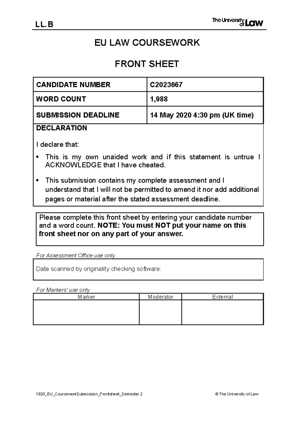 Front sheet - LL EU LAW COURSEWORK FRONT SHEET CANDIDATE NUMBER C WORD ...
