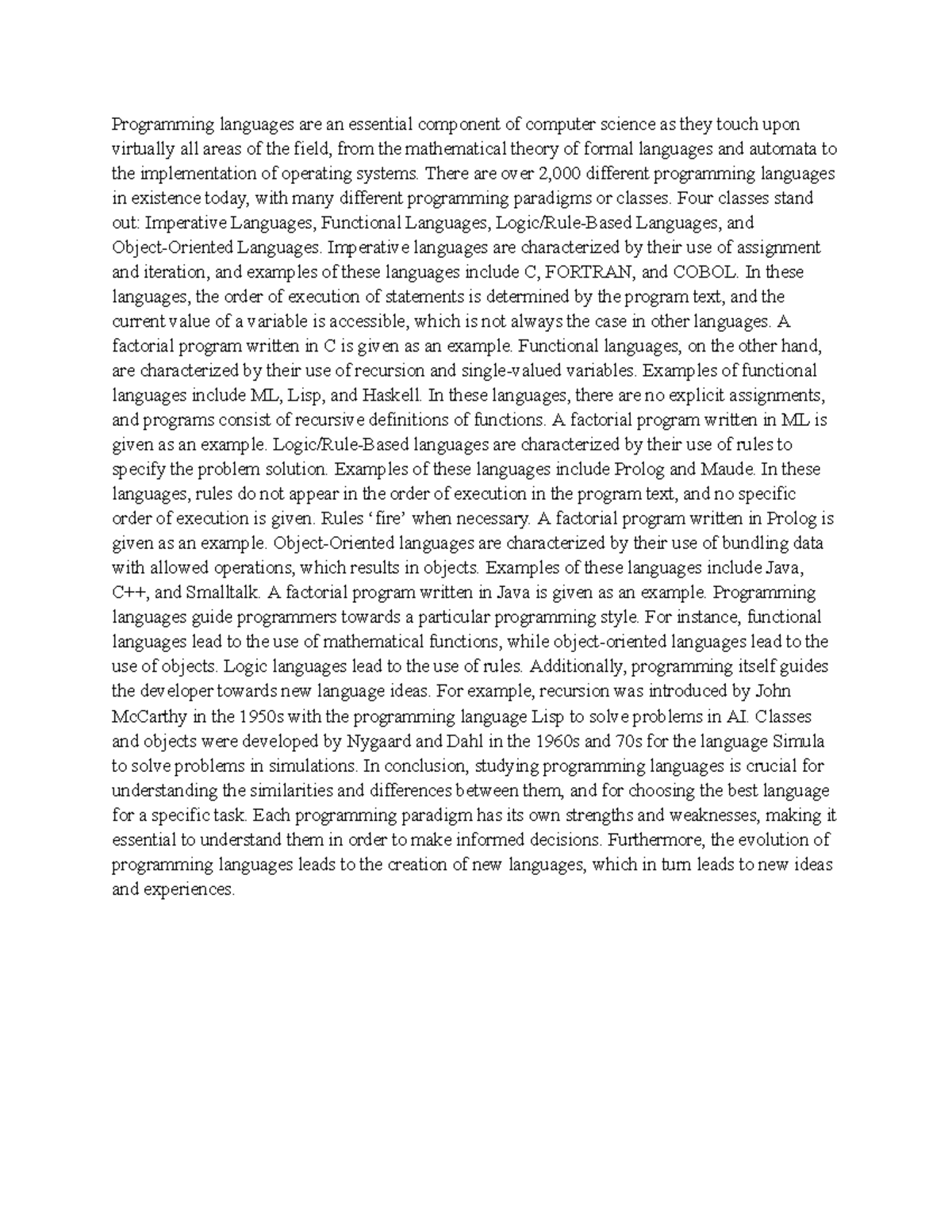 Lecture Notes 1 Programming Languages Programming Languages Are An Essential Component Of
