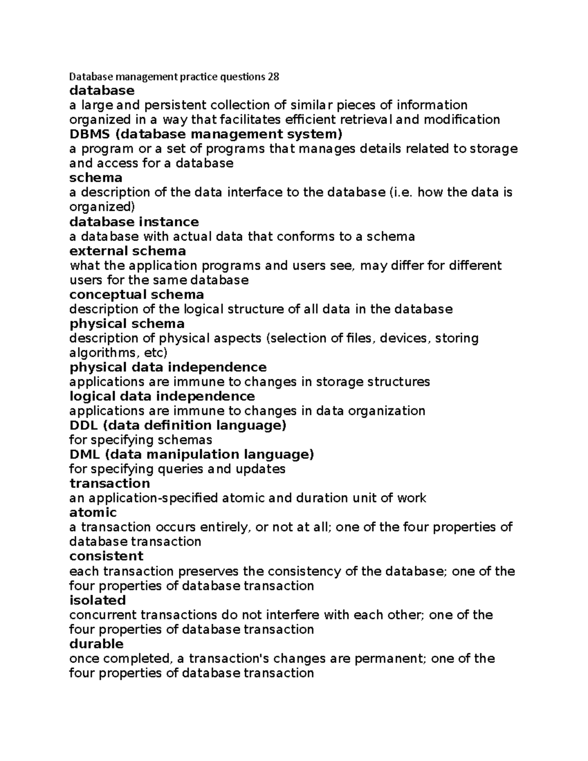Database Management Practice Questions 28 How The Data Is Organized Database Instance A 
