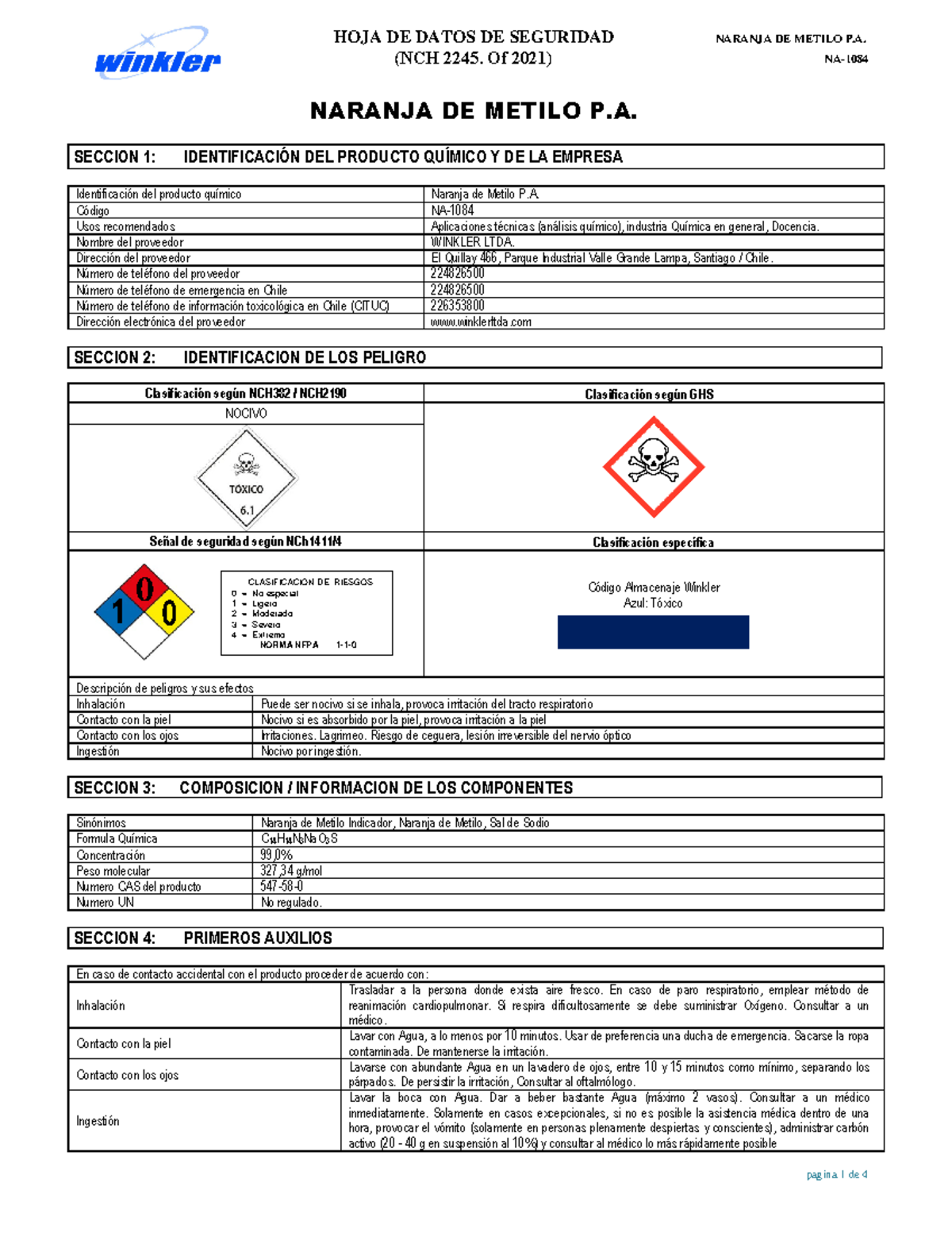 Naranja DE Metilo P.A - HDS - (NCH 2245. Of 2021) NA- NARANJA DE METILO ...