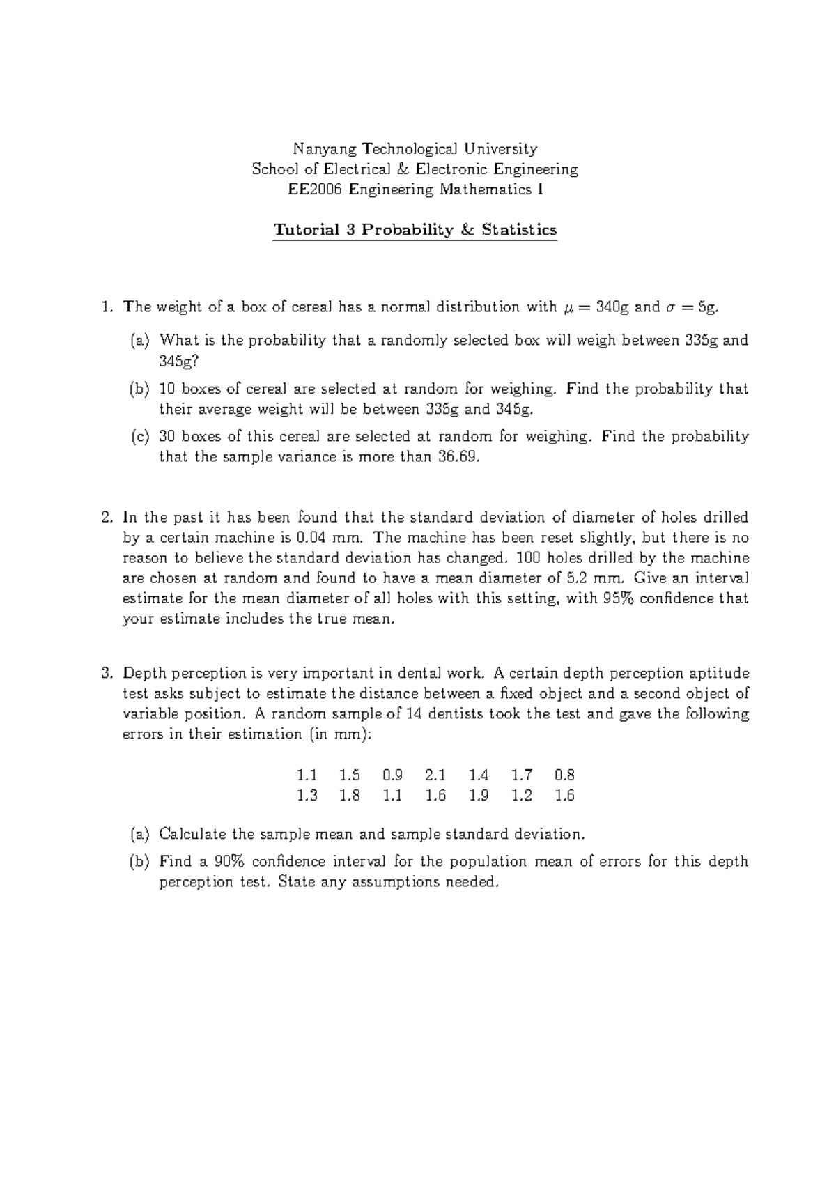 Tutorial 3 question - Nanyang Technological University School of Electrical & Electronic - Studocu