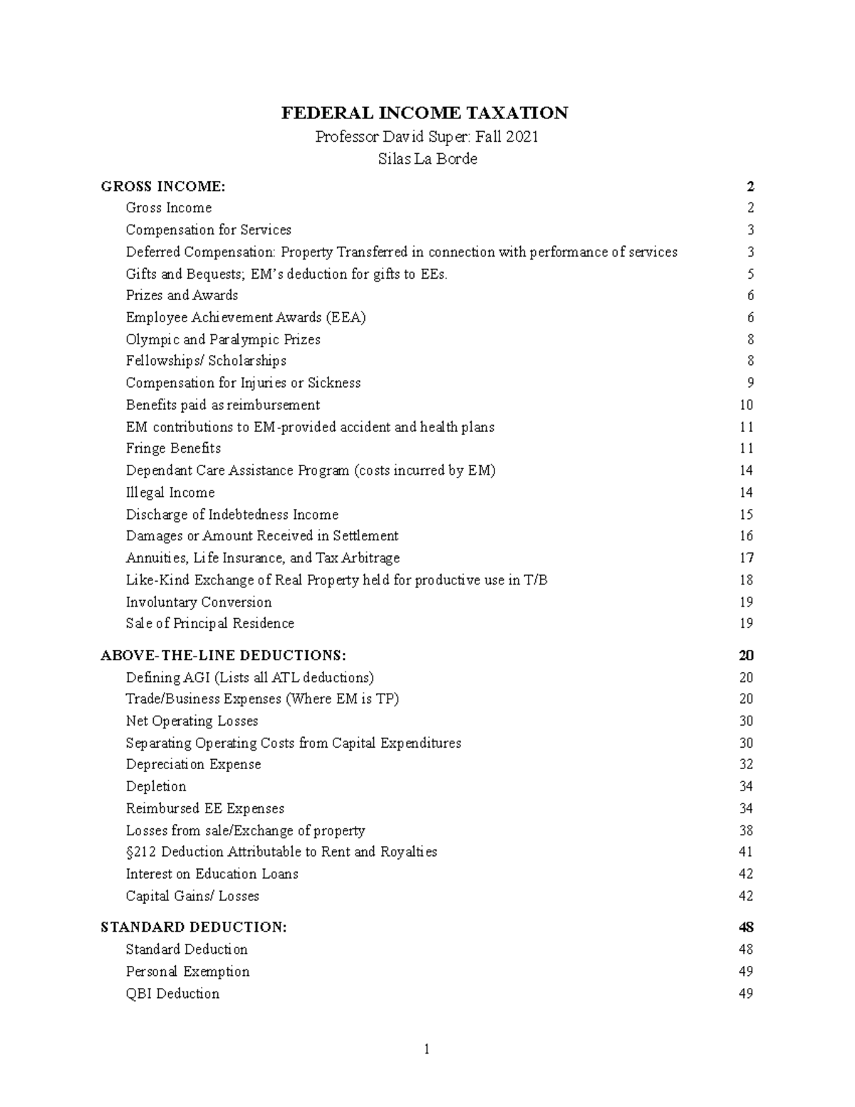 Super Federal Income Taxation Fall 2021 - FEDERAL INCOME TAXATION GROSS ...