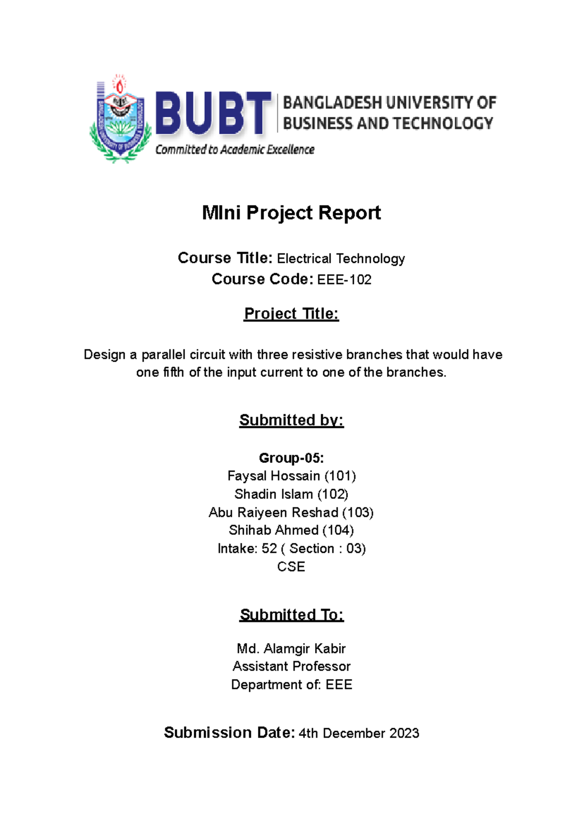 Mini project report - MIni Project Report Course Title: Electrical ...
