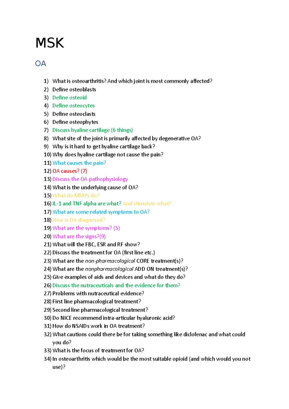 MSK self test - Questions on everything in each lecture I wrote to ...