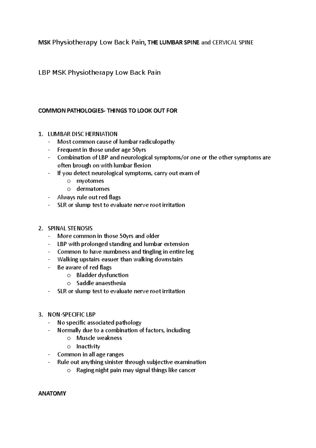 MSK Physiotherapy Low Back Pain, THE Lumbar Spine and Cervical Spine ...