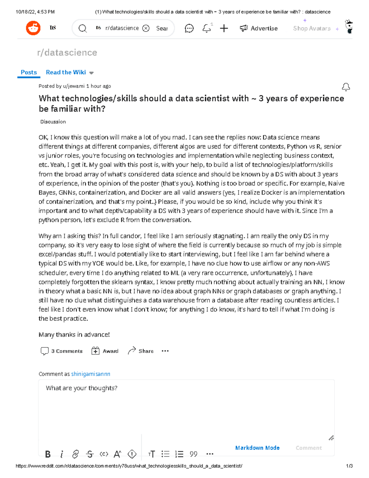 (1) What technologies skills should a data scientist with 3 years of ...