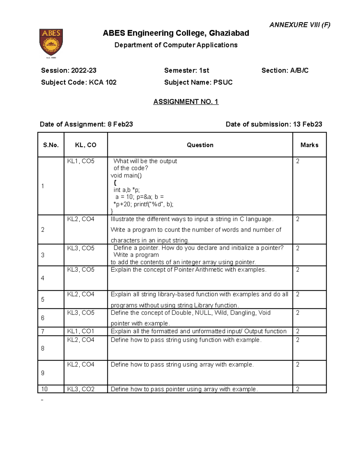 Assignment- 4-102-PSUC - ANNEXURE VIII (F) ABES Engineering College, Ghaziabad Department of ...