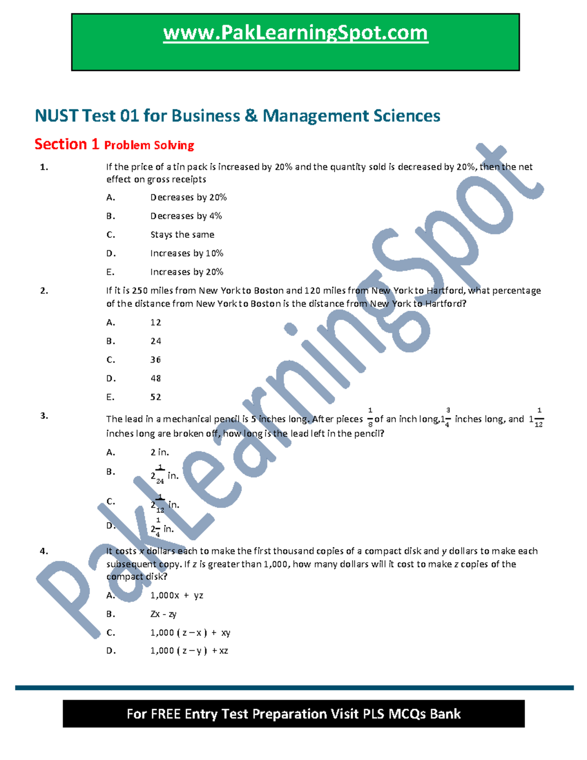 Nust-01 management-sciences Pak Learning Spot - NUST Test 01 for ...
