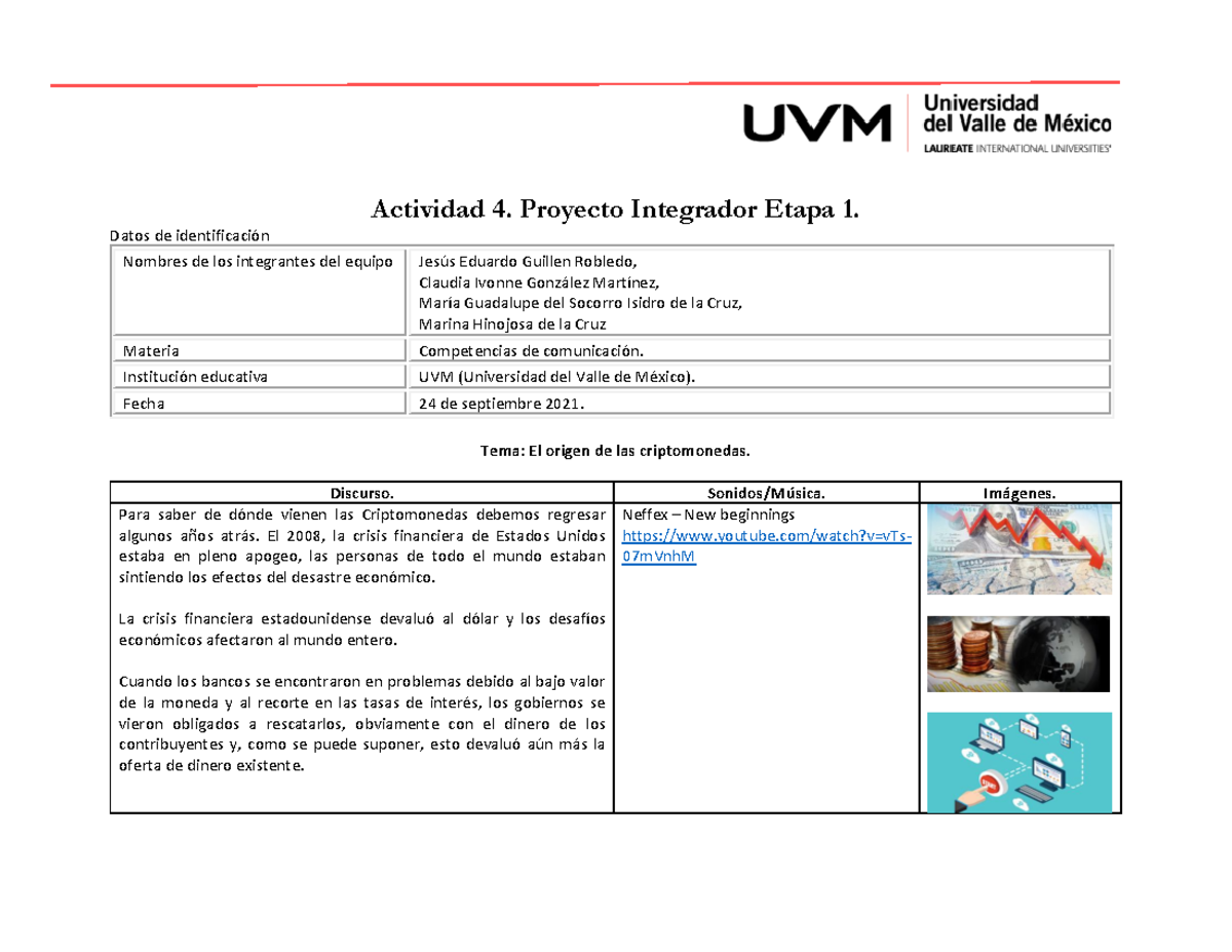 A4 JEGR - Work. - Actividad 4. Proyecto Integrador Etapa 1. Datos de identificaciÛn Nombres de ...