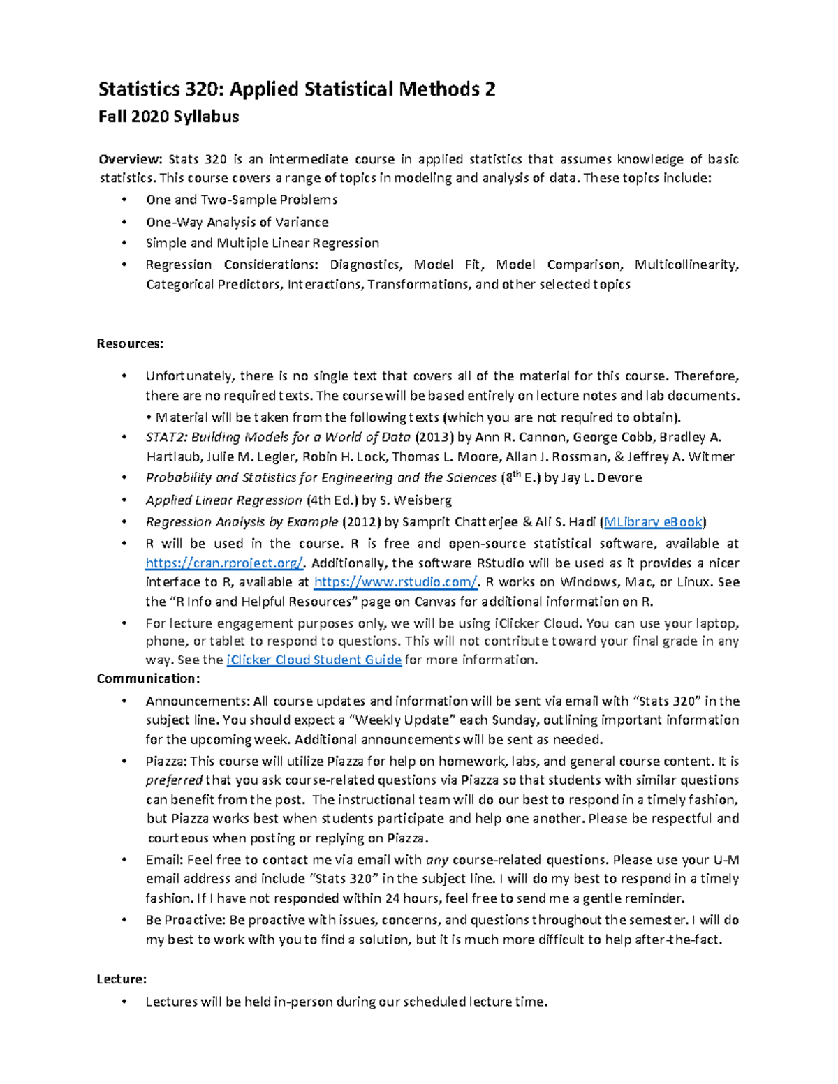 Syllabus for Introduction to statistical methods - Statistics 320: Applied Statistical Methods 2 ...