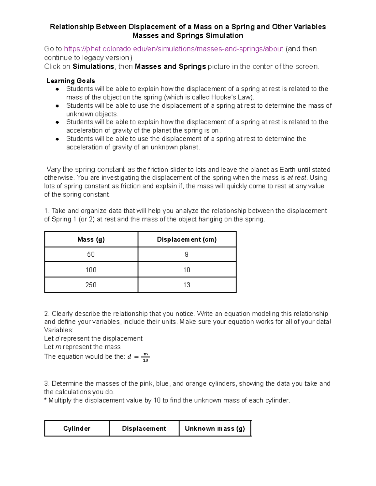 Spring Conservation of Energy - Relationship Between Displacement of a ...