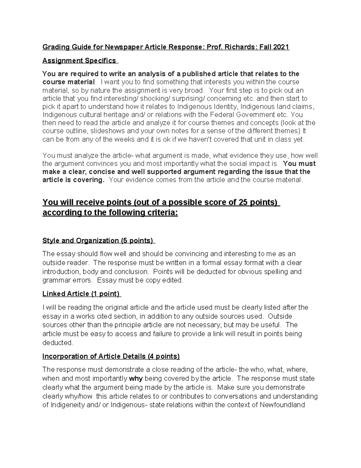 Grading Guide for Newspaper Article Response: Prof. Richards: Fall 2021 ...