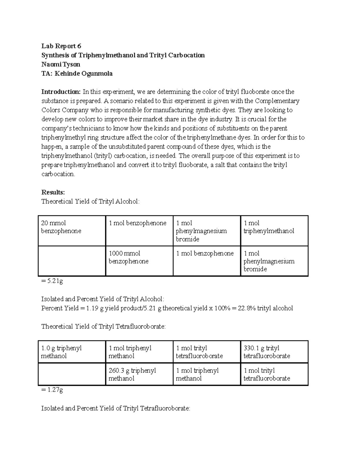 CH 237 Experiment 6 Synthesis of Triphenylmethanol and Trityl ...
