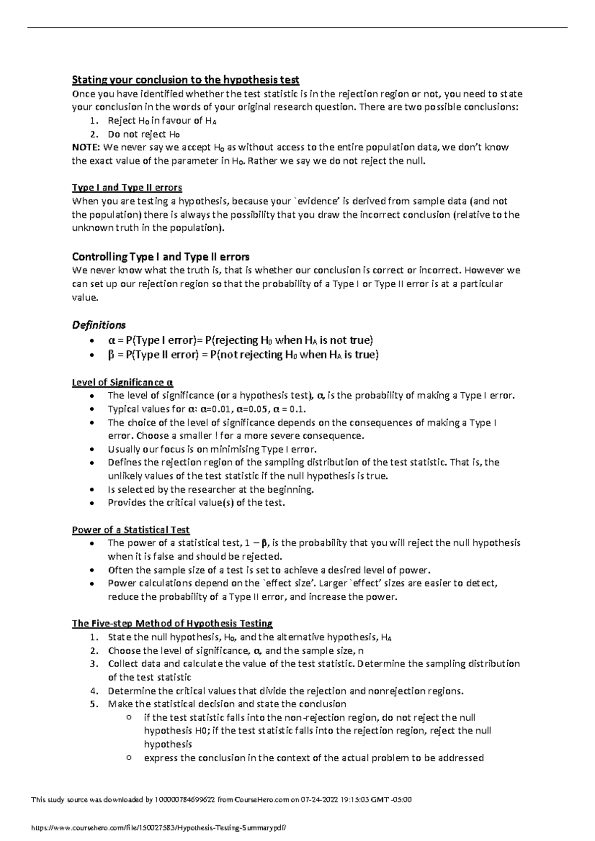 Hypothesis Testing Summary - Stating your conclusion to the hypothesis ...