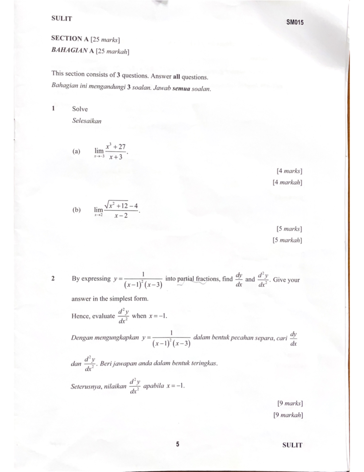 2022-2023 - math question past year - SULIT SMO SECTION A [25 marks ...