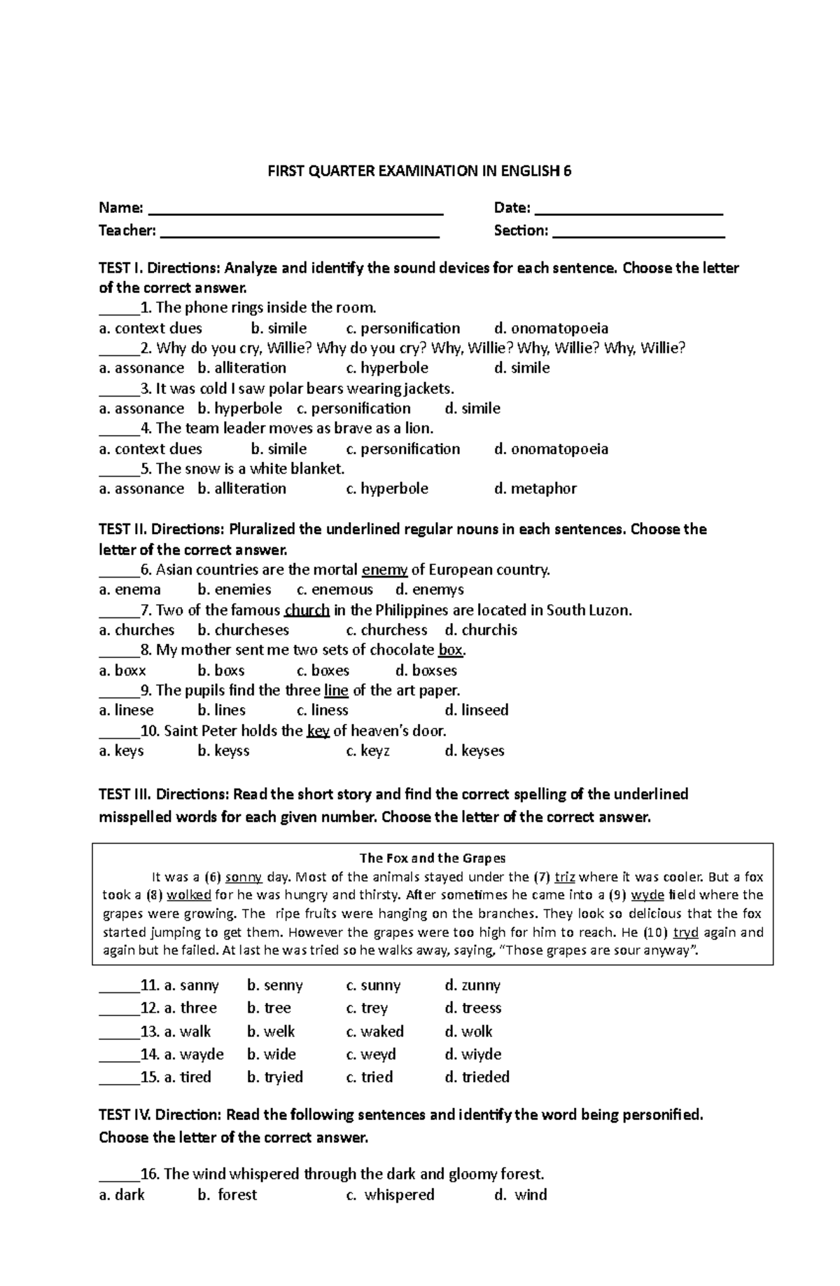PT English 6 Q1 - Periodical test sample - FIRST QUARTER EXAMINATION IN ...