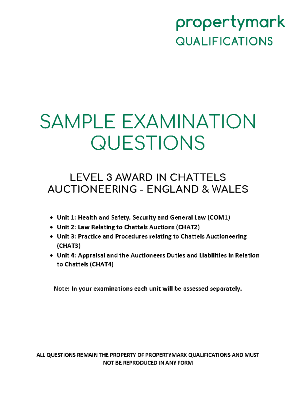Level 3 Chattels answers - SAMPLE EXAMINATION QUESTIONS LEVEL 3 AWARD ...