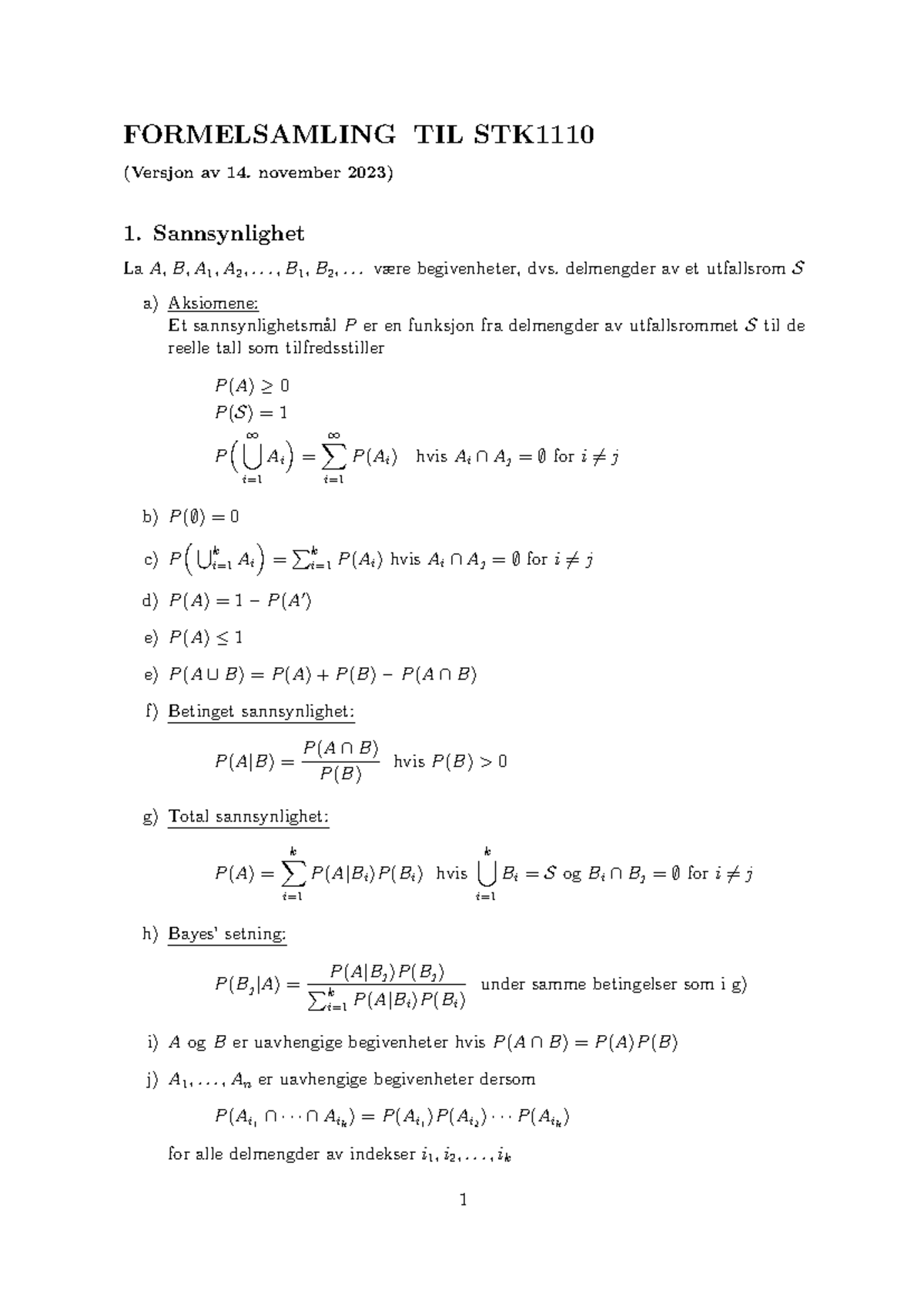 Formelsamling stk1110 nov 23 - FORMELSAMLING TIL STK (Versjon av 14. november 2023) 1 ...