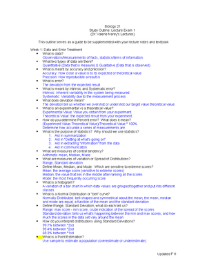 Ex1Study Guide MC-F11 - Biology 21 Study Guide for Exam 1 Lectures ...