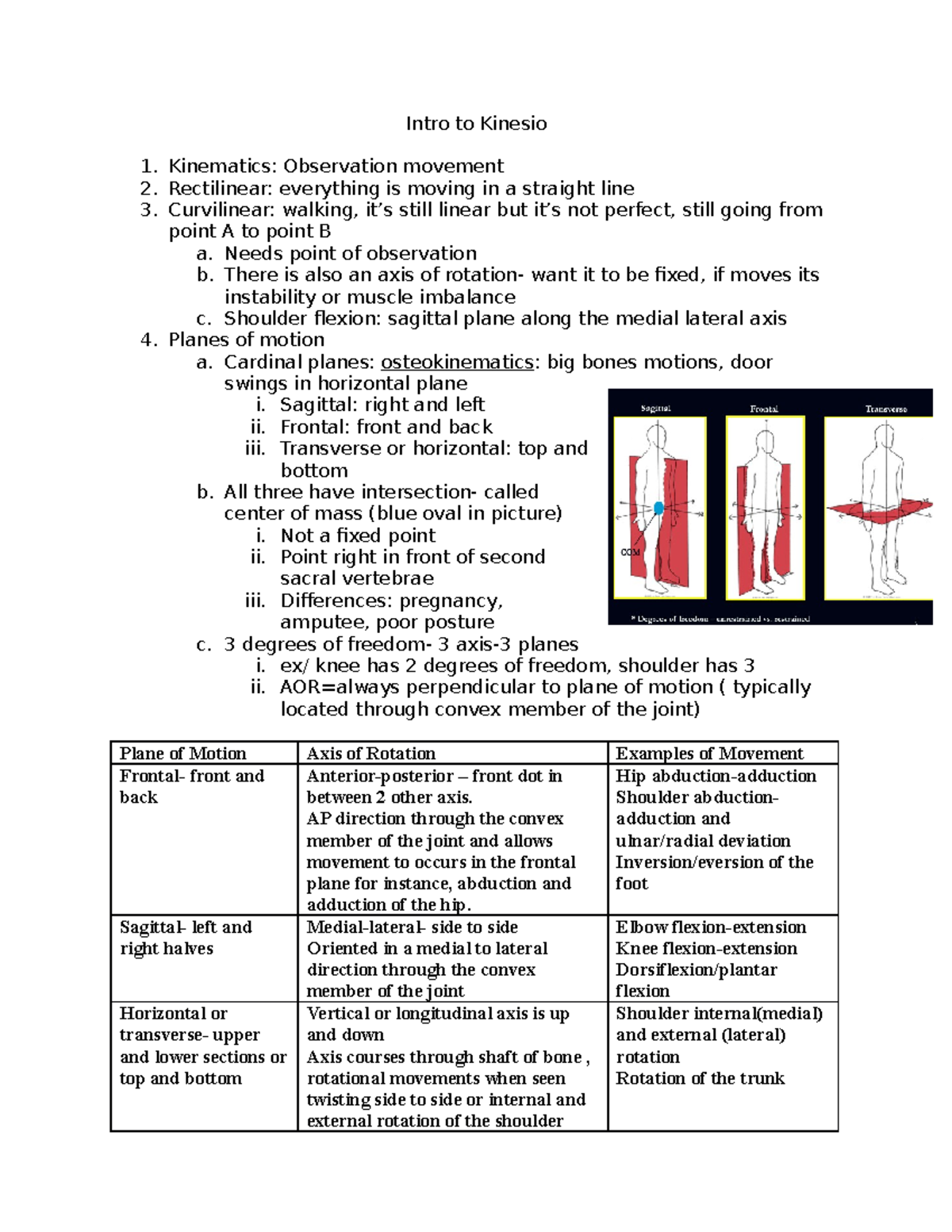 Intro to Kineso Notes - Intro to Kinesio Kinematics: Observation ...