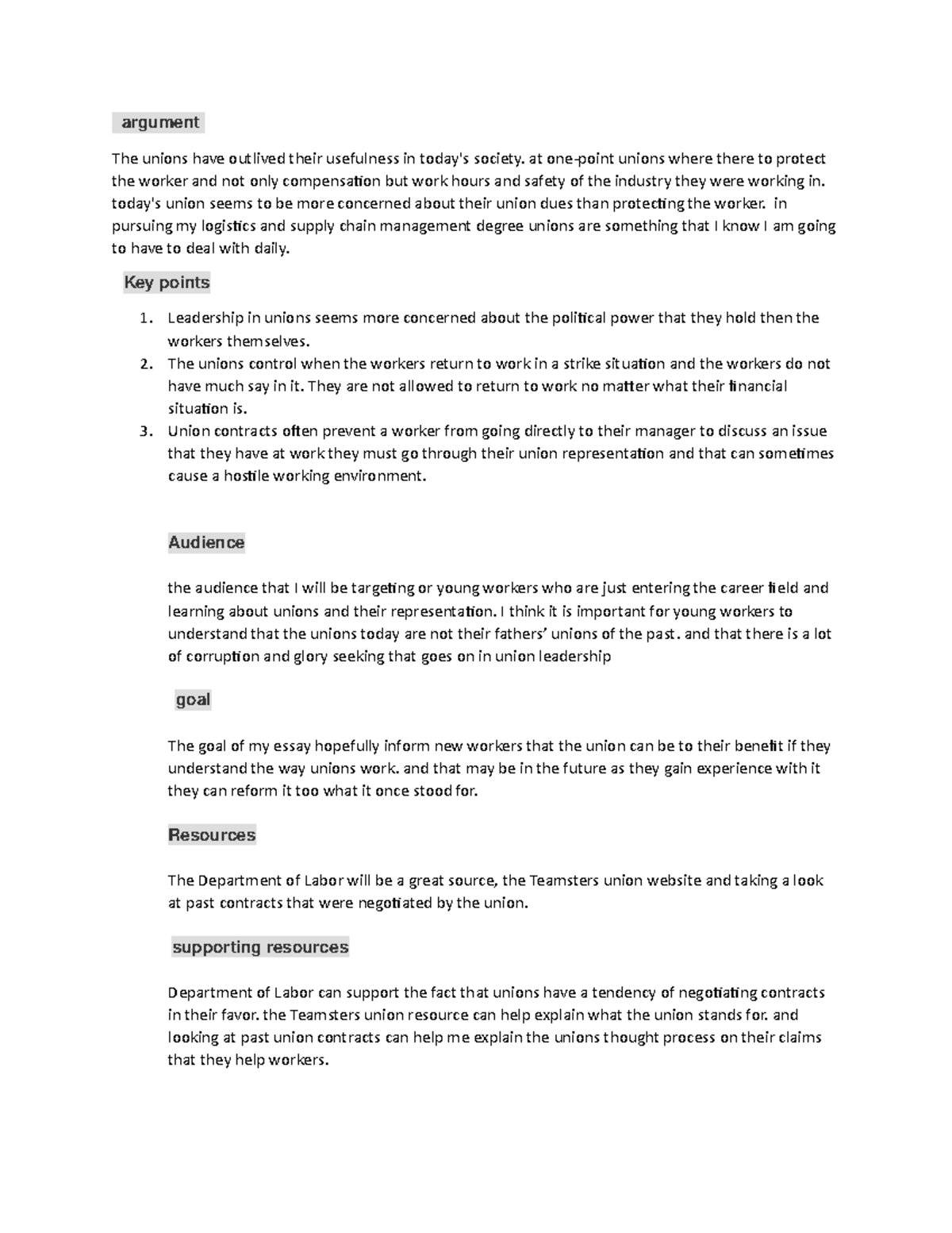 Assignment Writing Notes - argument The unions have outlived their ...