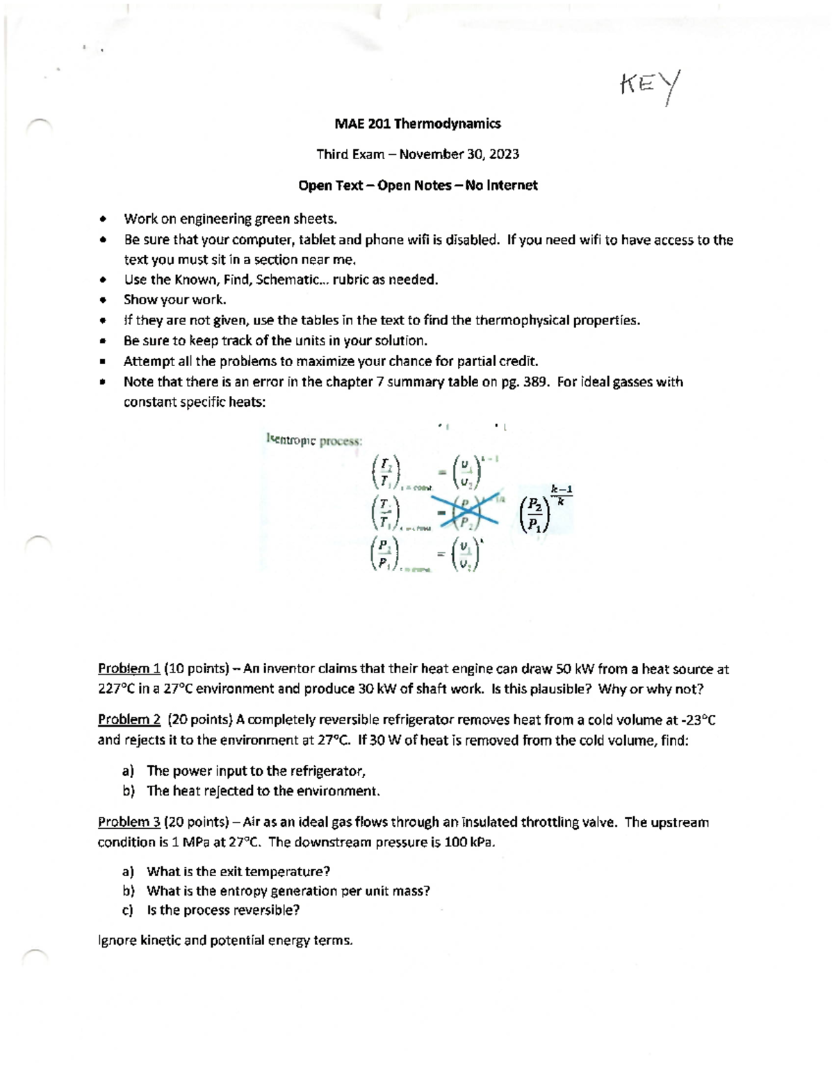 Thermo Exam 3 Key - MAE 201 - Studocu