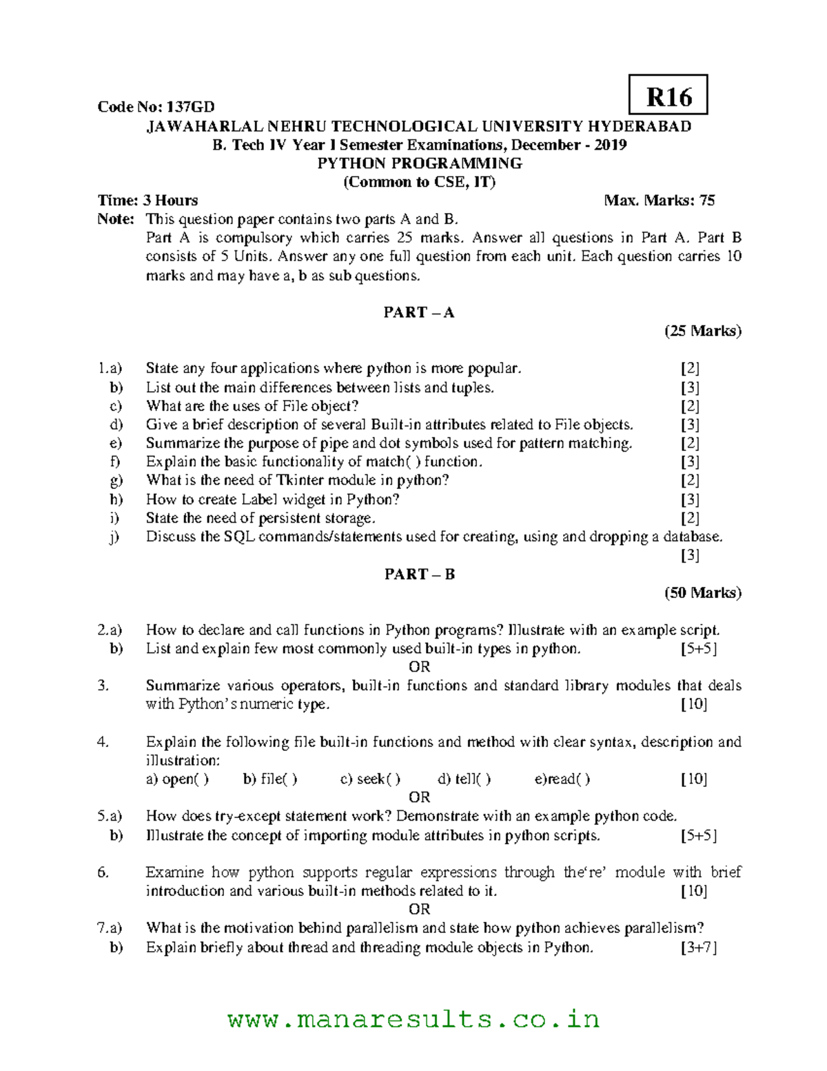 Python Programming Code No 137gd Jawaharlal Nehru Technological University Hyderabad B Tech 9325