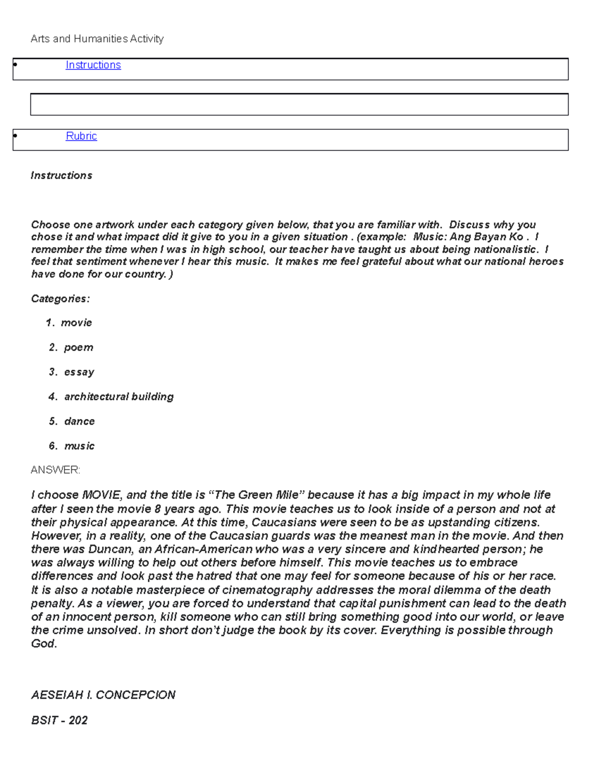 Arts and Humanities Activity Aeseiah - Arts and Humanities Activity ...