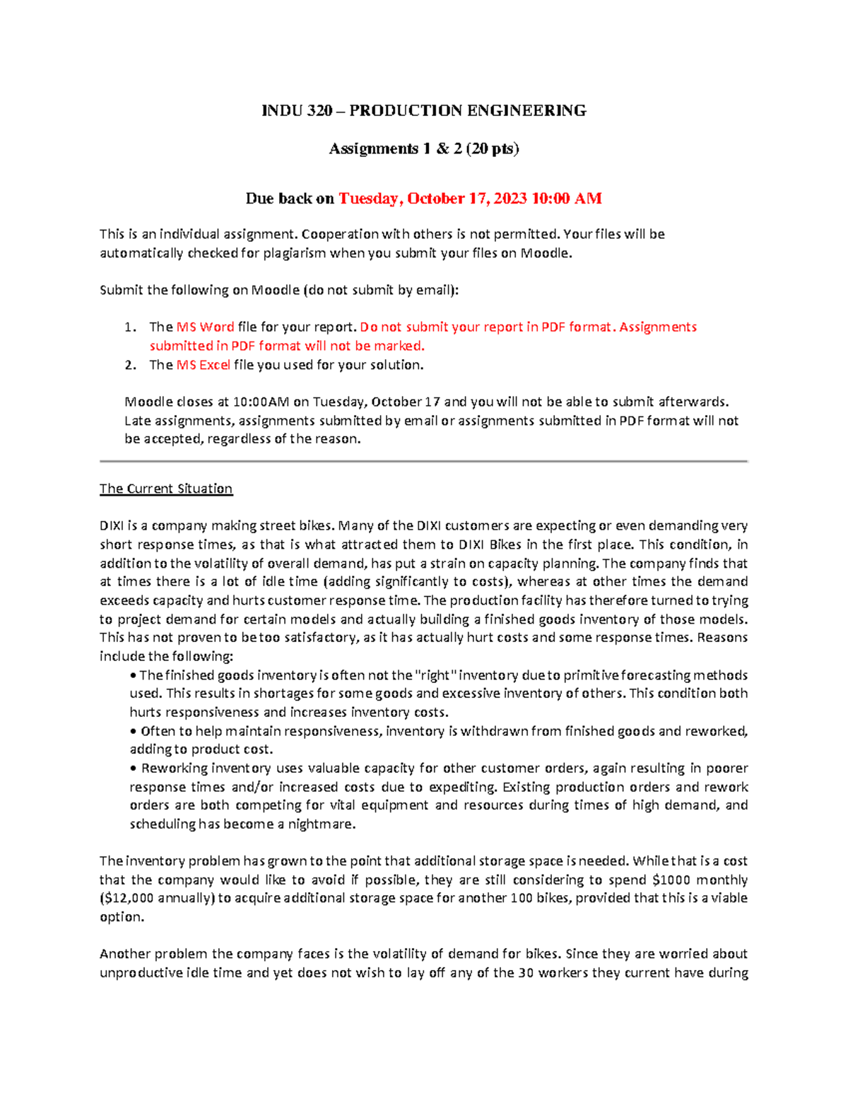 Assignments 1 and 2 - assignment 1 and 2 - INDU 320 – PRODUCTION ...
