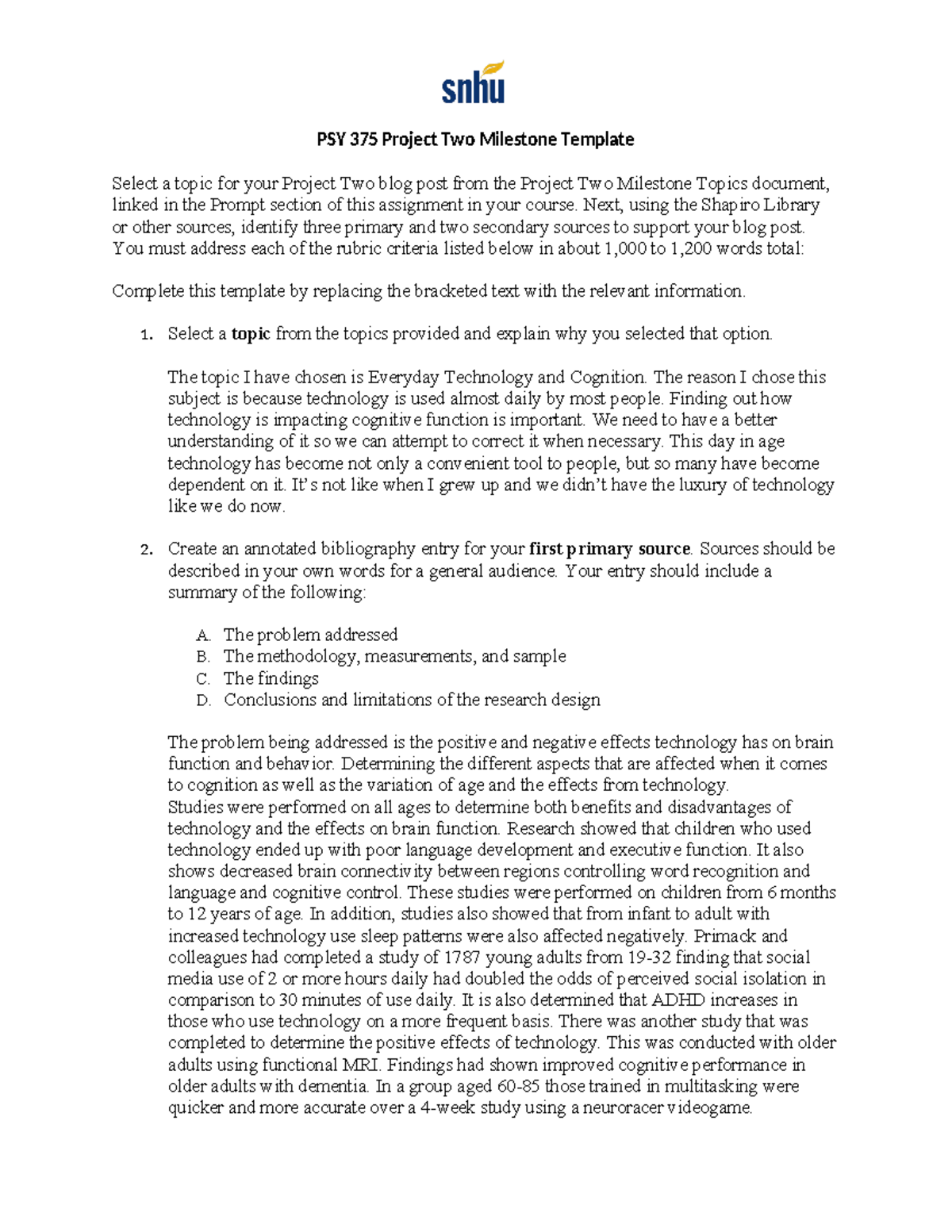 PSY 375 Project Two Milestone - Next, using the Shapiro Library or ...