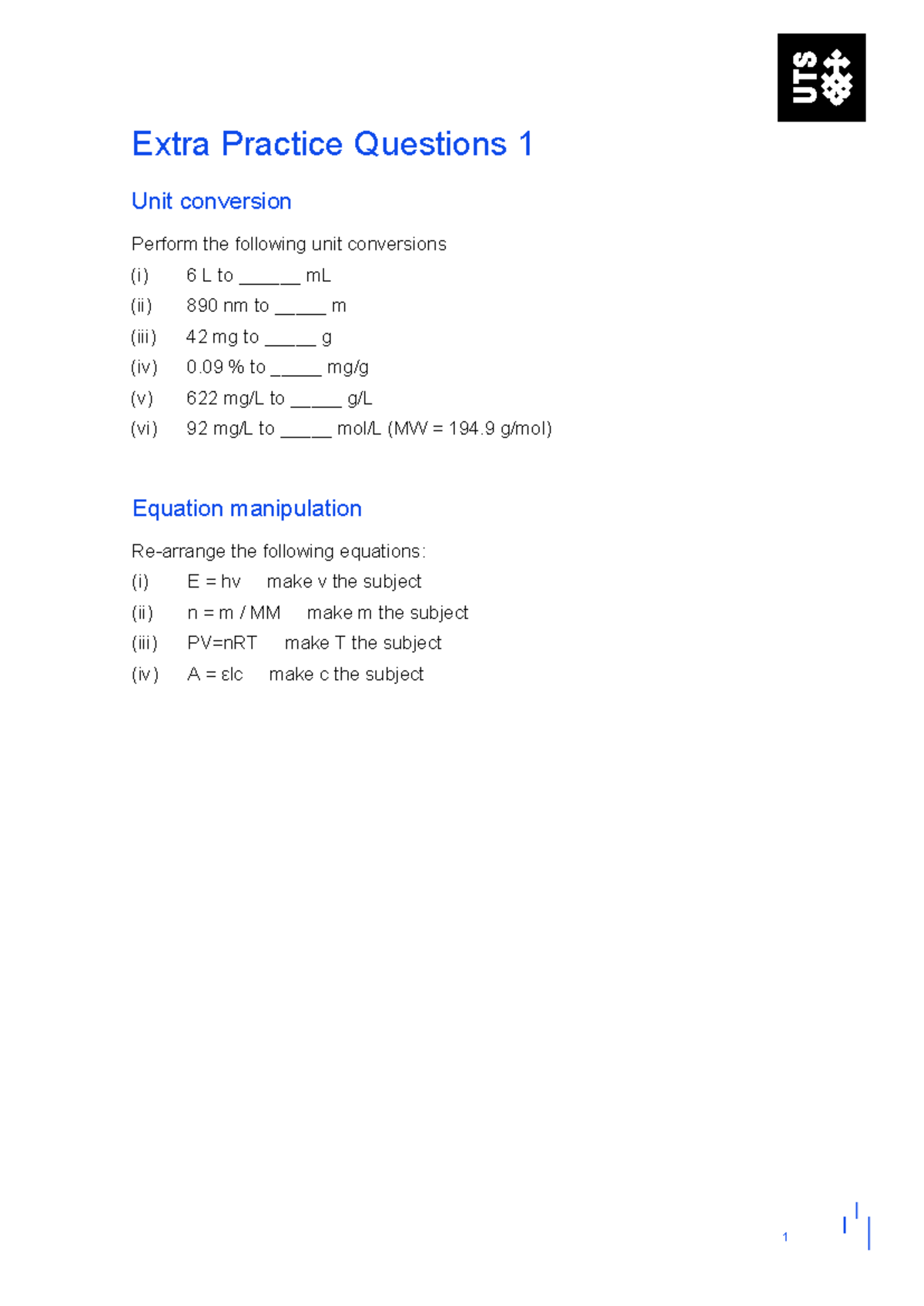 Exp 3 - Practice Qs 1 - worksheet - 1 Extra Practice Questions 1 Unit conversion Perform the ...