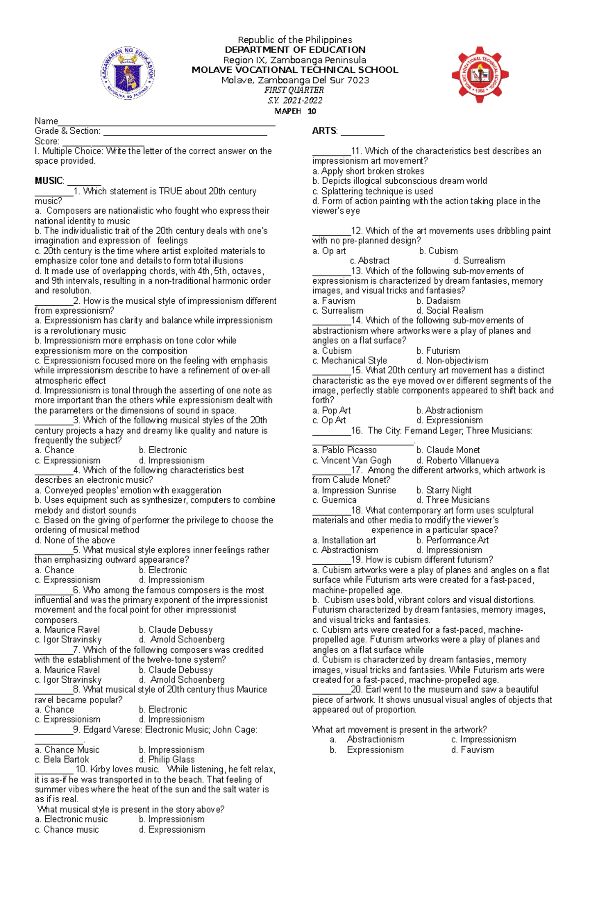 G10-Q1-TQ - This is MAPEH 10 first quarter examination - Republic of ...
