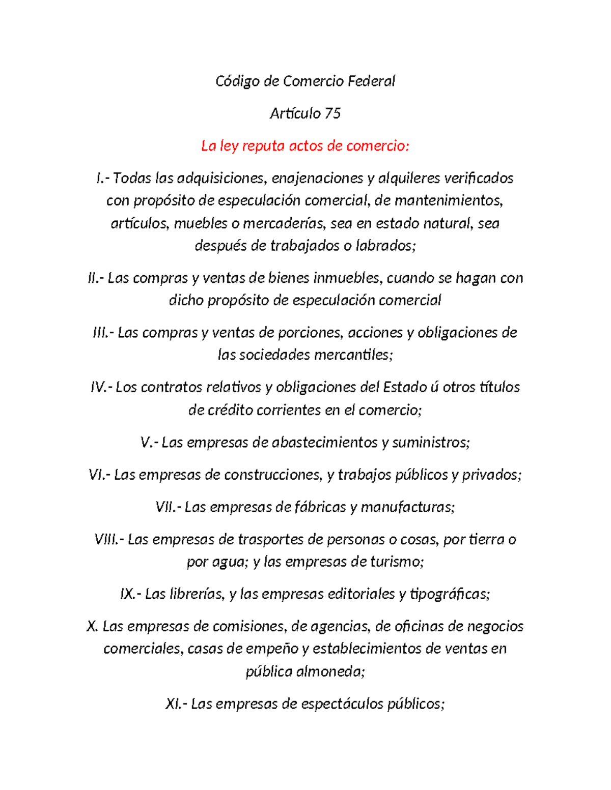 Código de Comercio Federal - Código de Comercio Federal Artículo 75 La ...