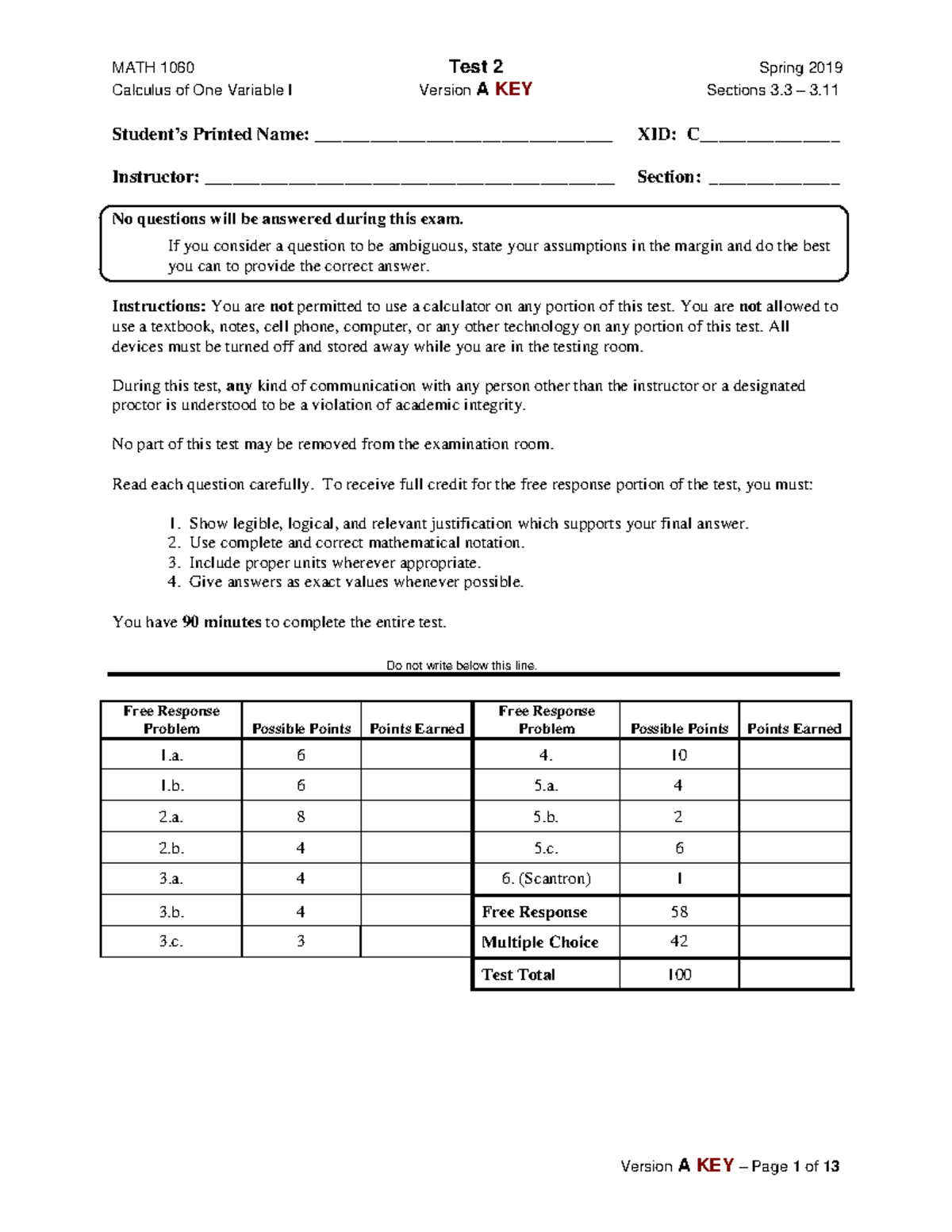 2019 01 Test2 KEY - Calculus of One Variable I Version A KEY Sections 3 ...