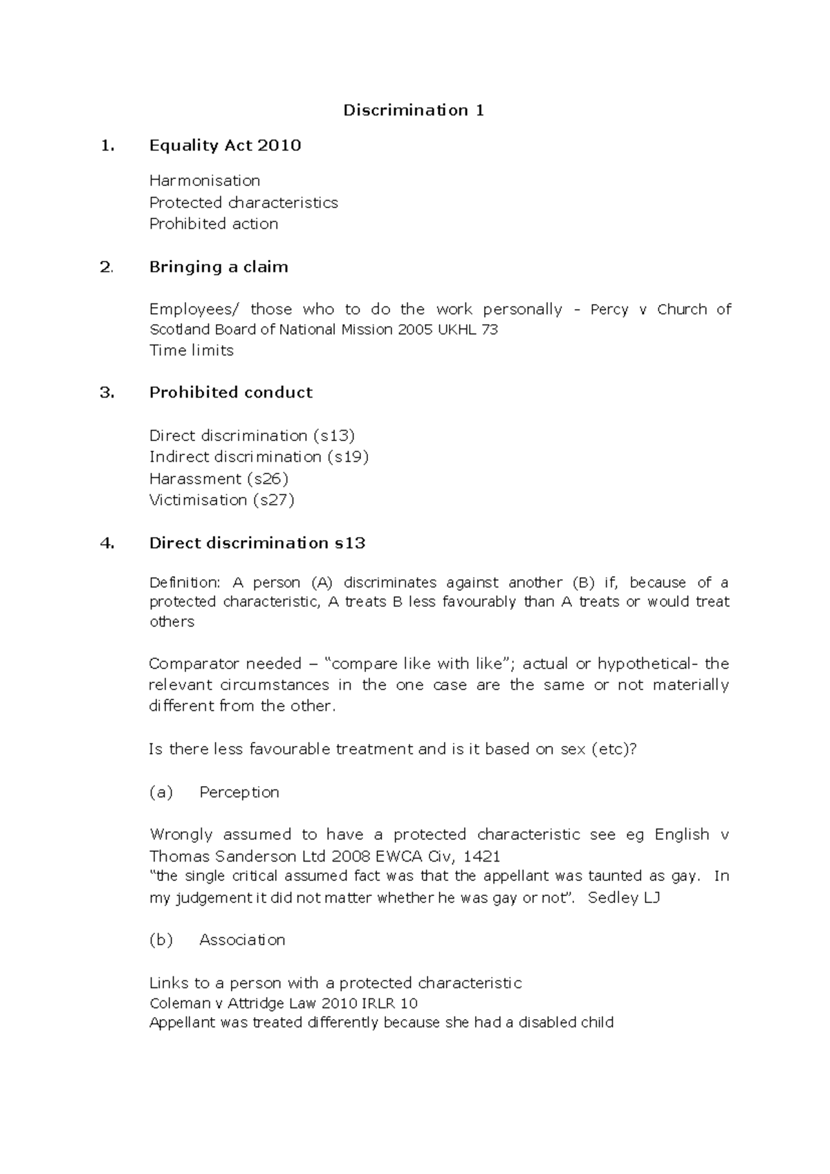 Discrimination Handout - **Discrimination 1 Equality Act 2010 ...